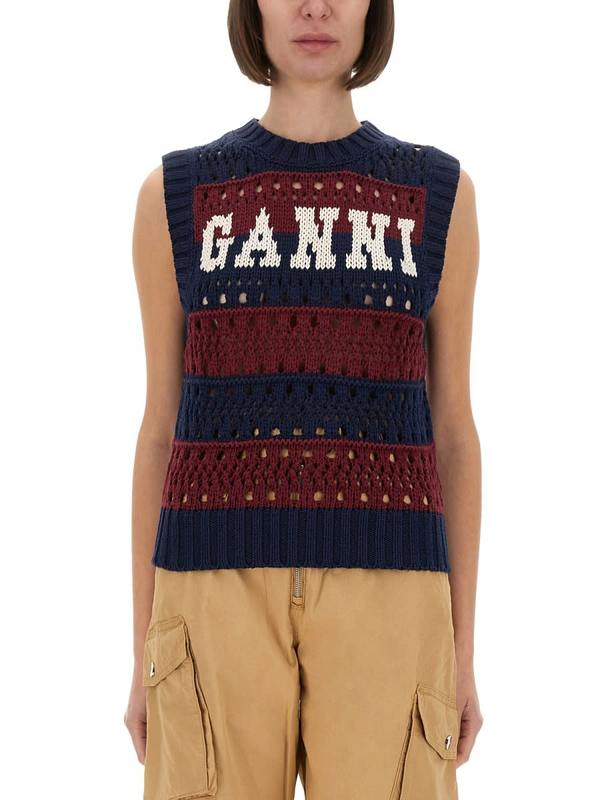 Ganni Striped Vest With Logo - Black | Garmentory
