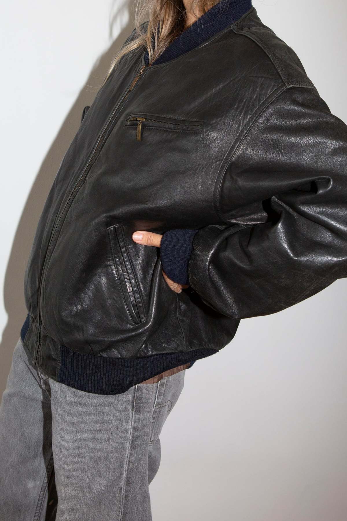 90s Leather Bomber Jacket - Faded Black | Garmentory