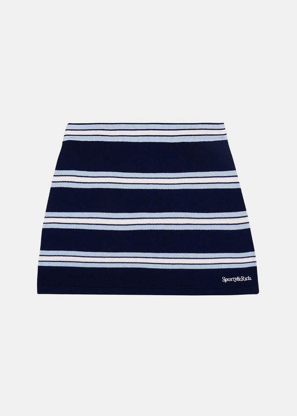 SPORTY & RICH Serif Logo Silk Pique Aline Skirt - Dark Navy/White/Flax ...