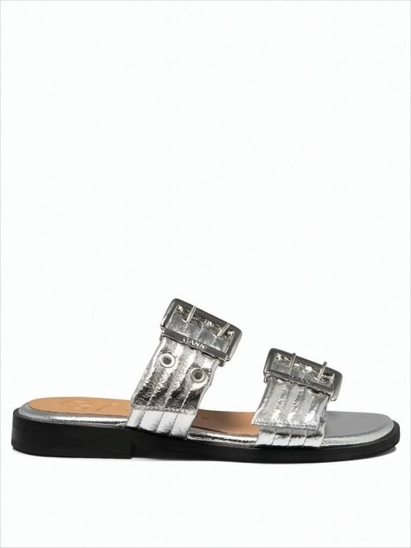 Ganni Metallic Silver Flat Mules - Metallic Silver | Garmentory
