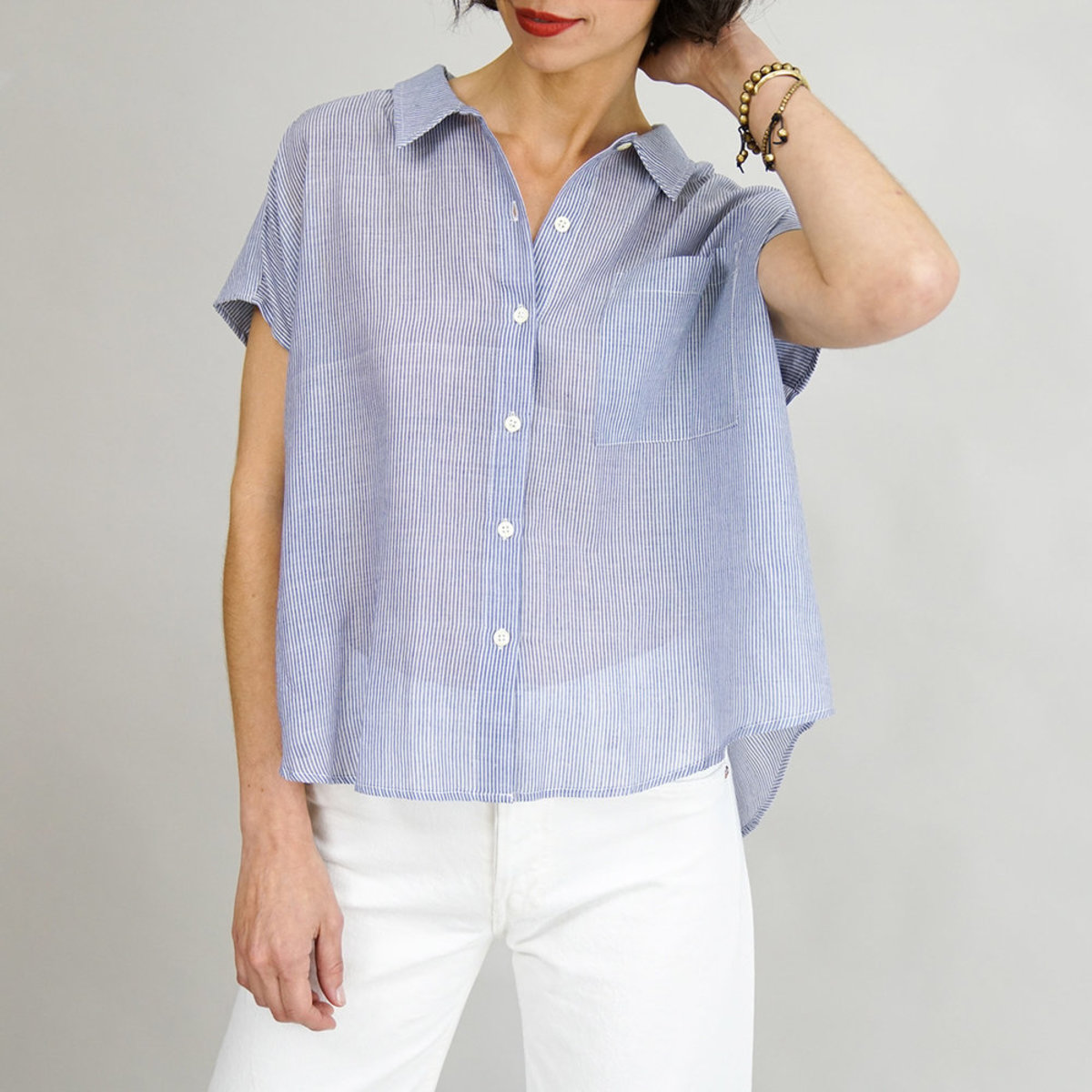 The Podolls Box Top - Navy Stripe Khadi | Garmentory