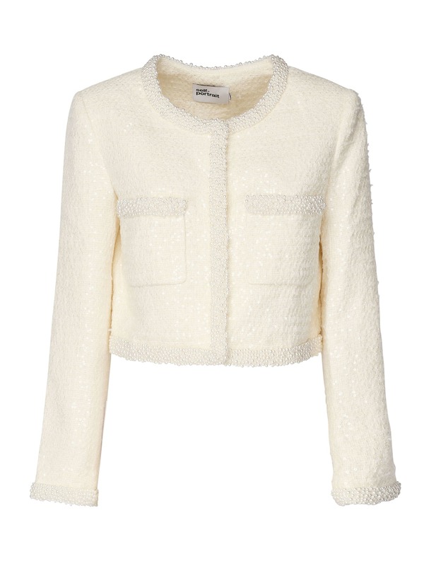 Self-Portrait Tweed Jacket With Shimmering Appliqués - White | Garmentory
