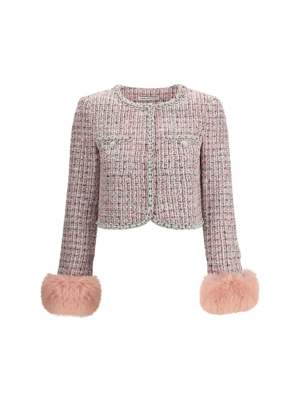 Self-Portrait Bouclé Fur Cuffed Jacket - Pink | Garmentory