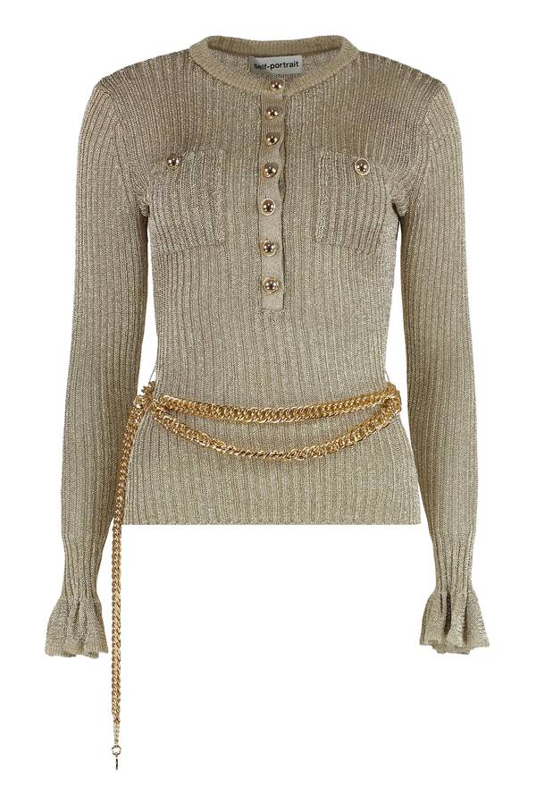 Self-Portrait Ribbed Lurex Yarn Sweater - Gold | Garmentory