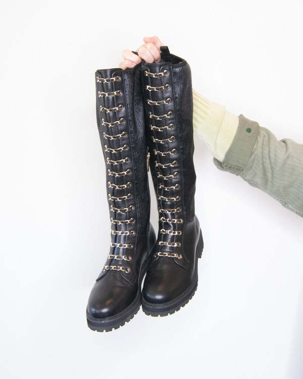 Cecilia NY Chain Link Detail Boot - Black/Gold | Garmentory