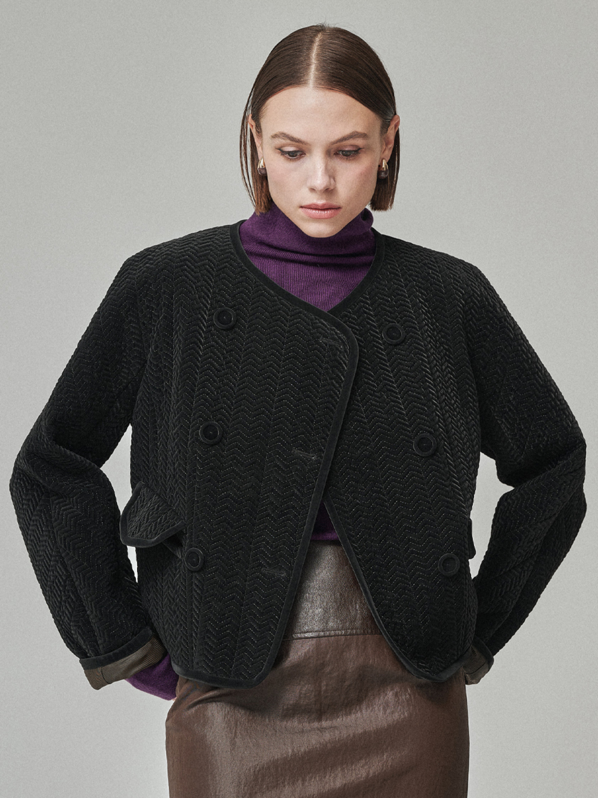 Maison De Ines Herringbone Quilted Jacket - Shine Jet Black | Garmentory