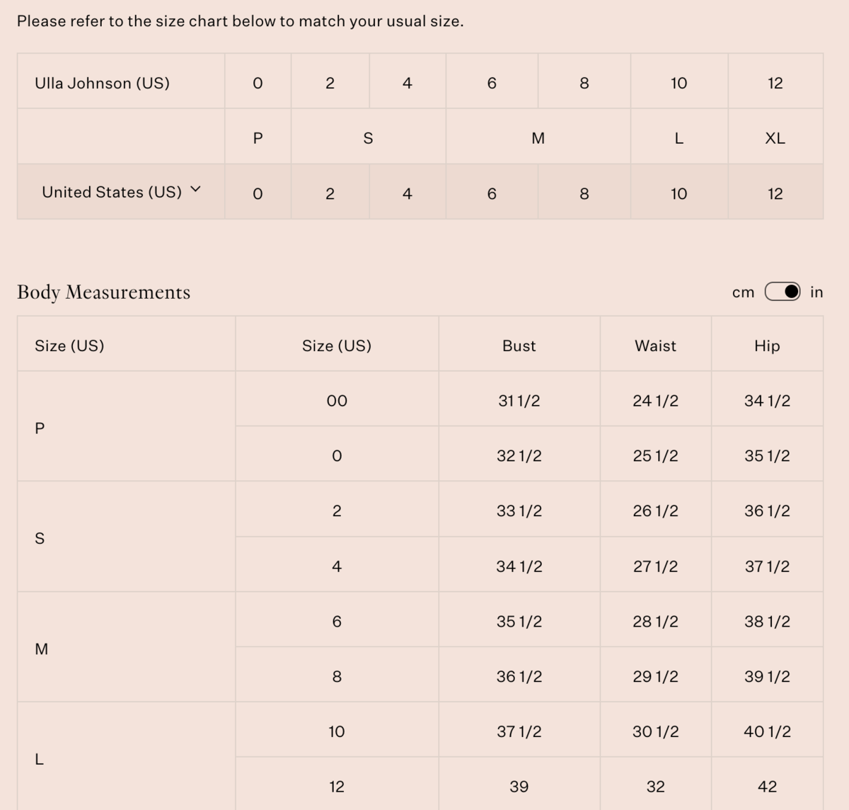 Ulla Johnson Size Chart