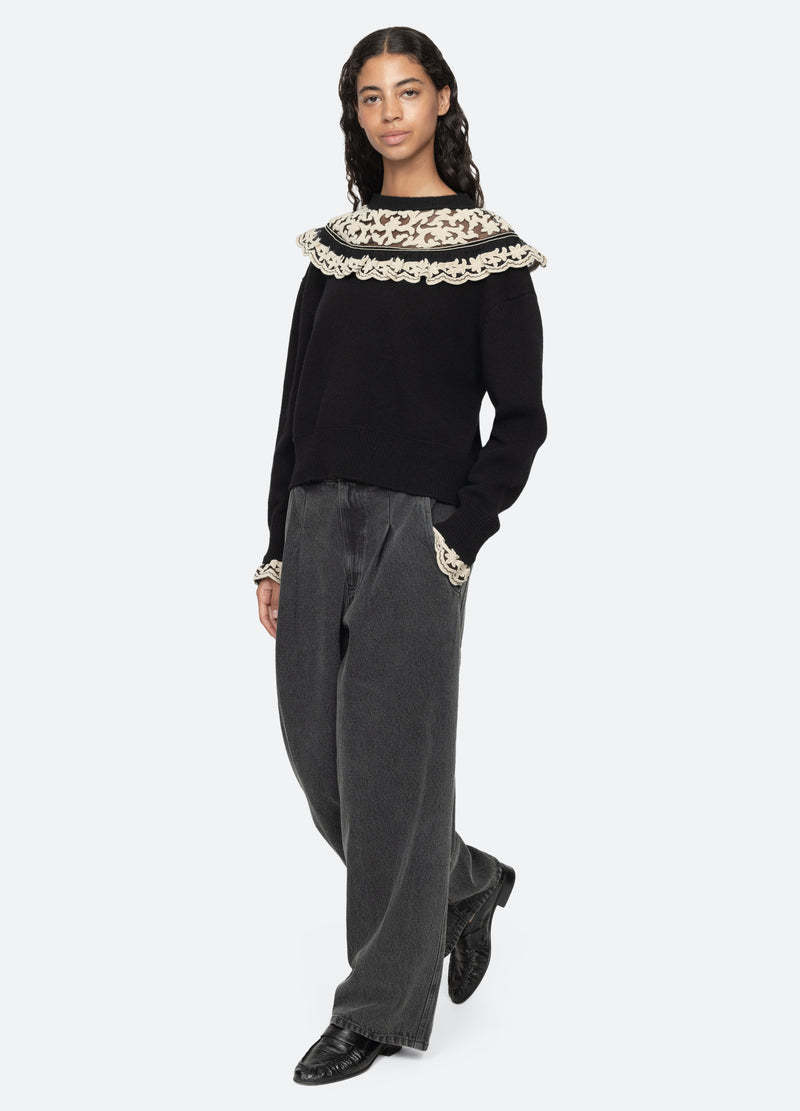 Sea NY Bea Embroidery Sweater with Yoke - Black | Garmentory
