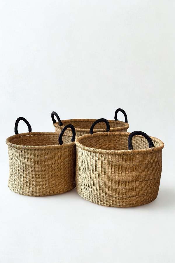 Mbare Handwoven Short Hampers with Leather Handles, Set of 3 - Natural ...