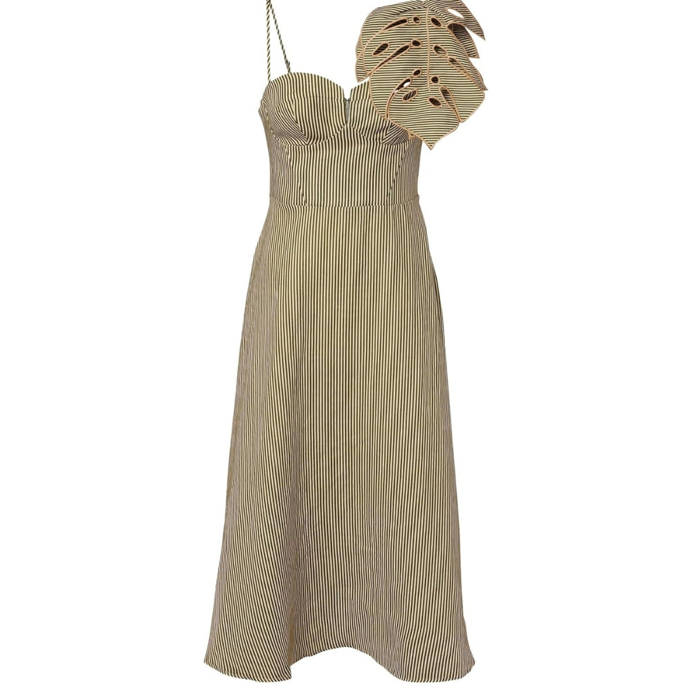 Farm Rio Striped 3D Monstera Leaf Linen Midi Dress - Green | Garmentory