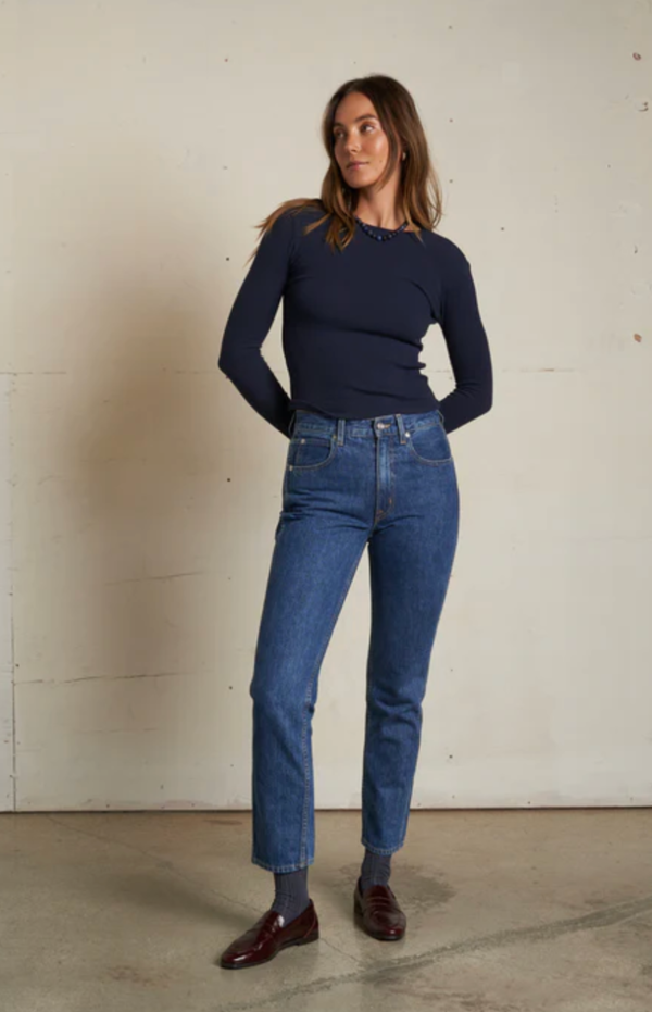 PERFECTWHITETEE Jolie Ribbed L/S Crewneck Sweater Top - Navy | Garmentory