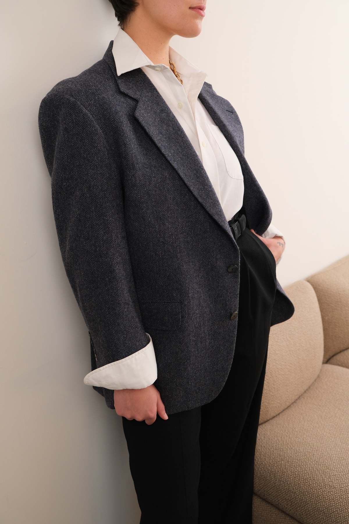 Hermine Vintage Slate Wool and Lambswool Herringbone Blazer - Gray ...