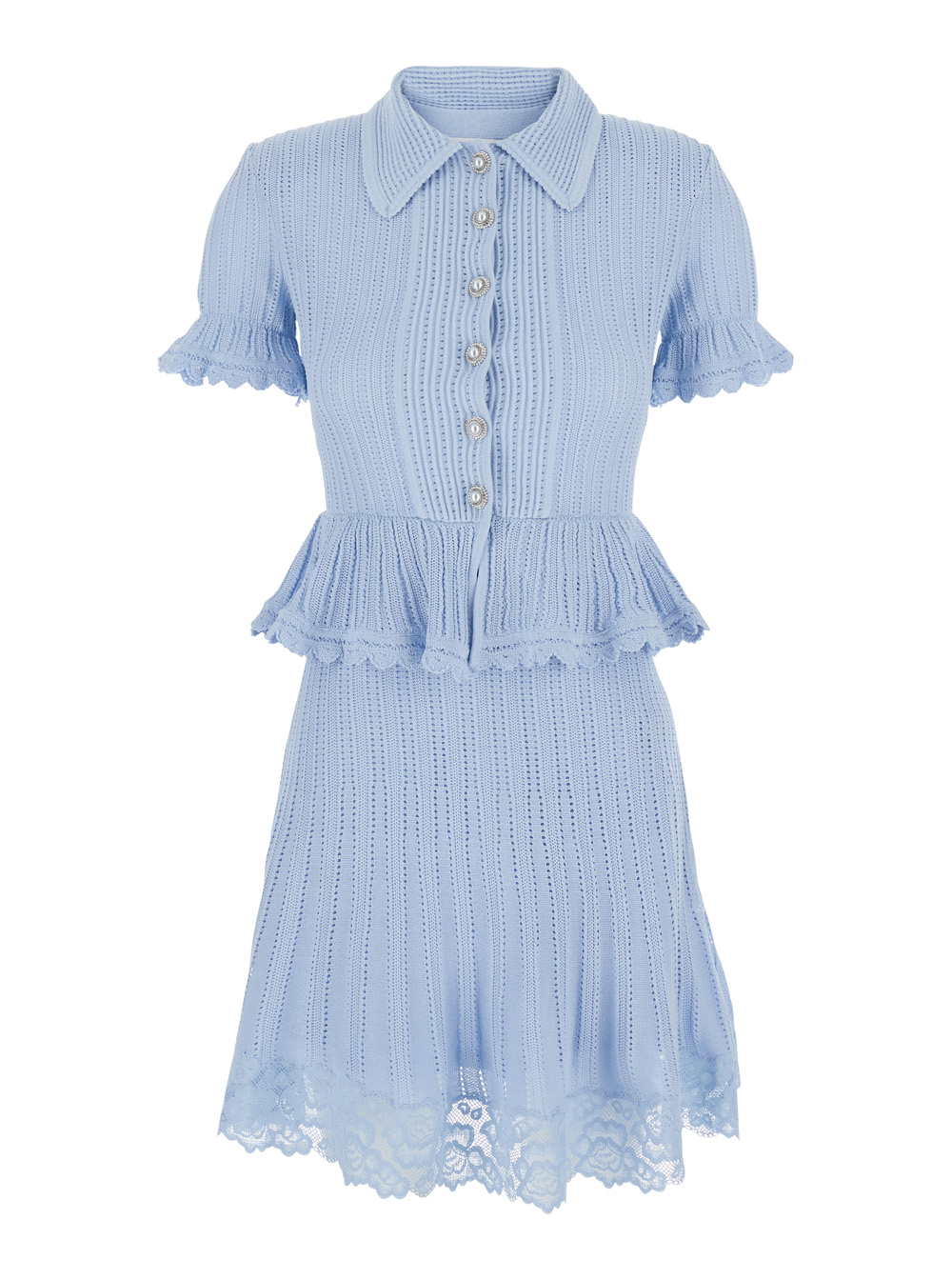Self-Portrait Blue Pointelle Peplum Knit Short Sleeve Mini Dress - Blu ...