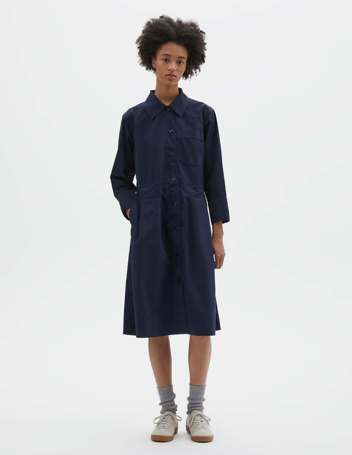 MHL by Margaret Howell Pleated Shirt Dress Dry Cotton Twill | Garmentory