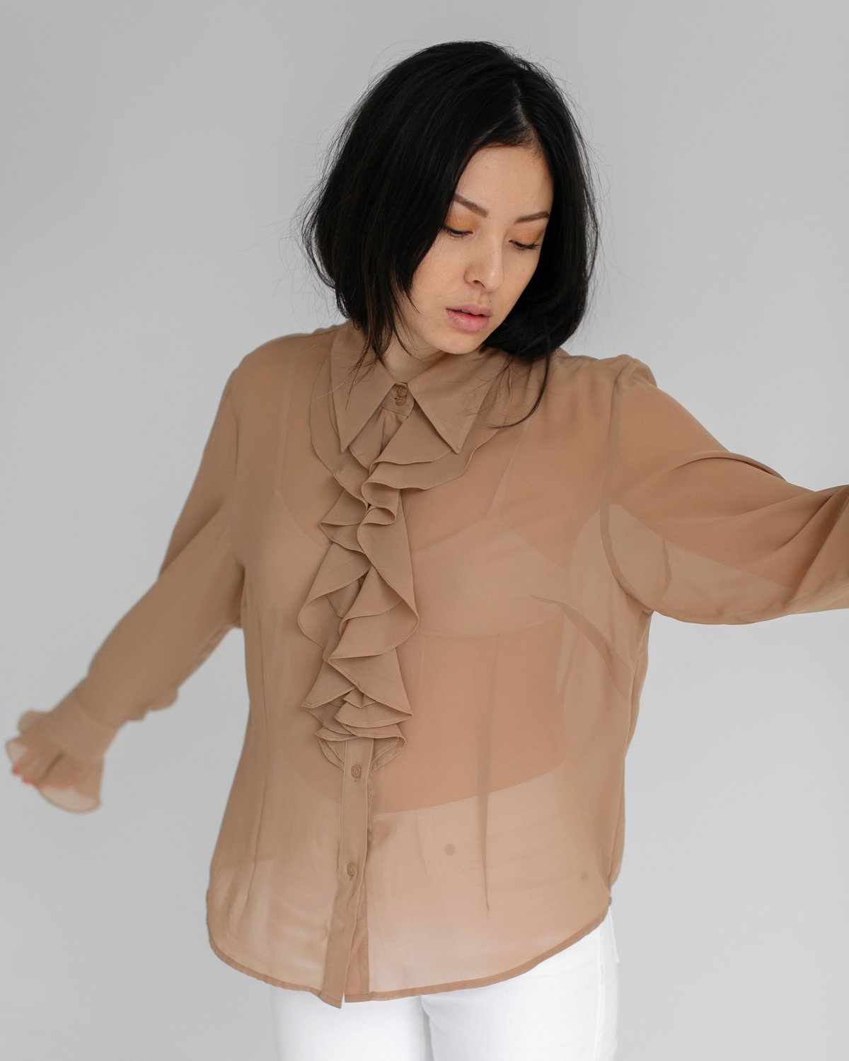 Kaleidos Vintage Sheer Ruffle Front Blouse - Camel | Garmentory