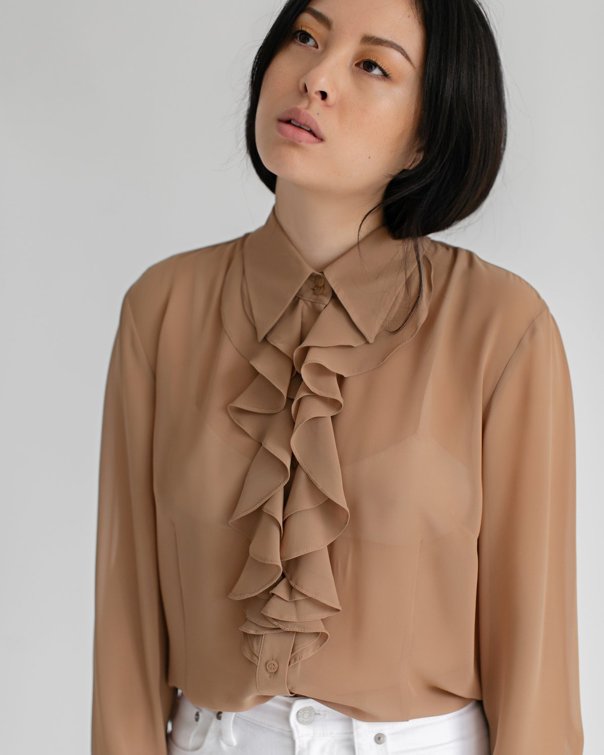 Kaleidos Vintage Sheer Ruffle Front Blouse - Camel | Garmentory