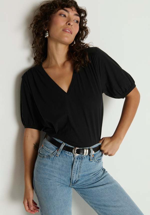 Nation Los Angeles Edie Shirred Shoulder Top - Jet Black | Garmentory