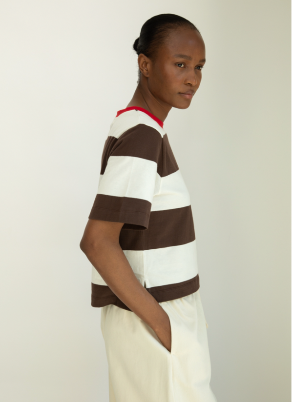 Beaumont Organic Bay-Sue Top - Cacao/White Wide Stripe | Garmentory