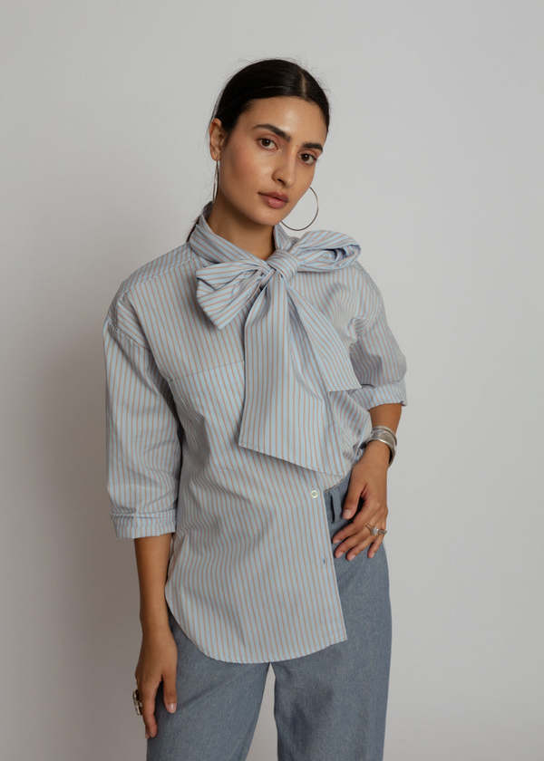Aquarius Cocktail Dear Polly Bow Blouse - Sky Blue Stripe | Garmentory
