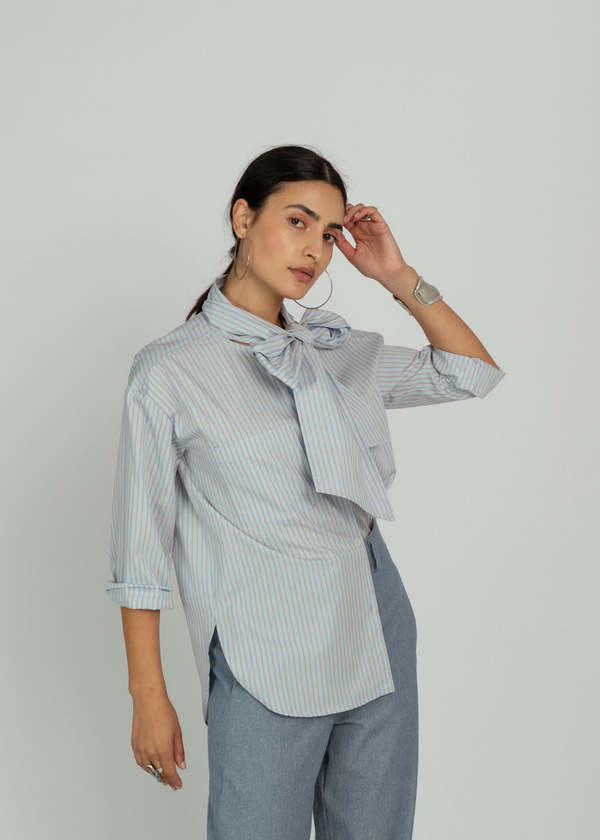Aquarius Cocktail Dear Polly Bow Blouse - Sky Blue Stripe | Garmentory