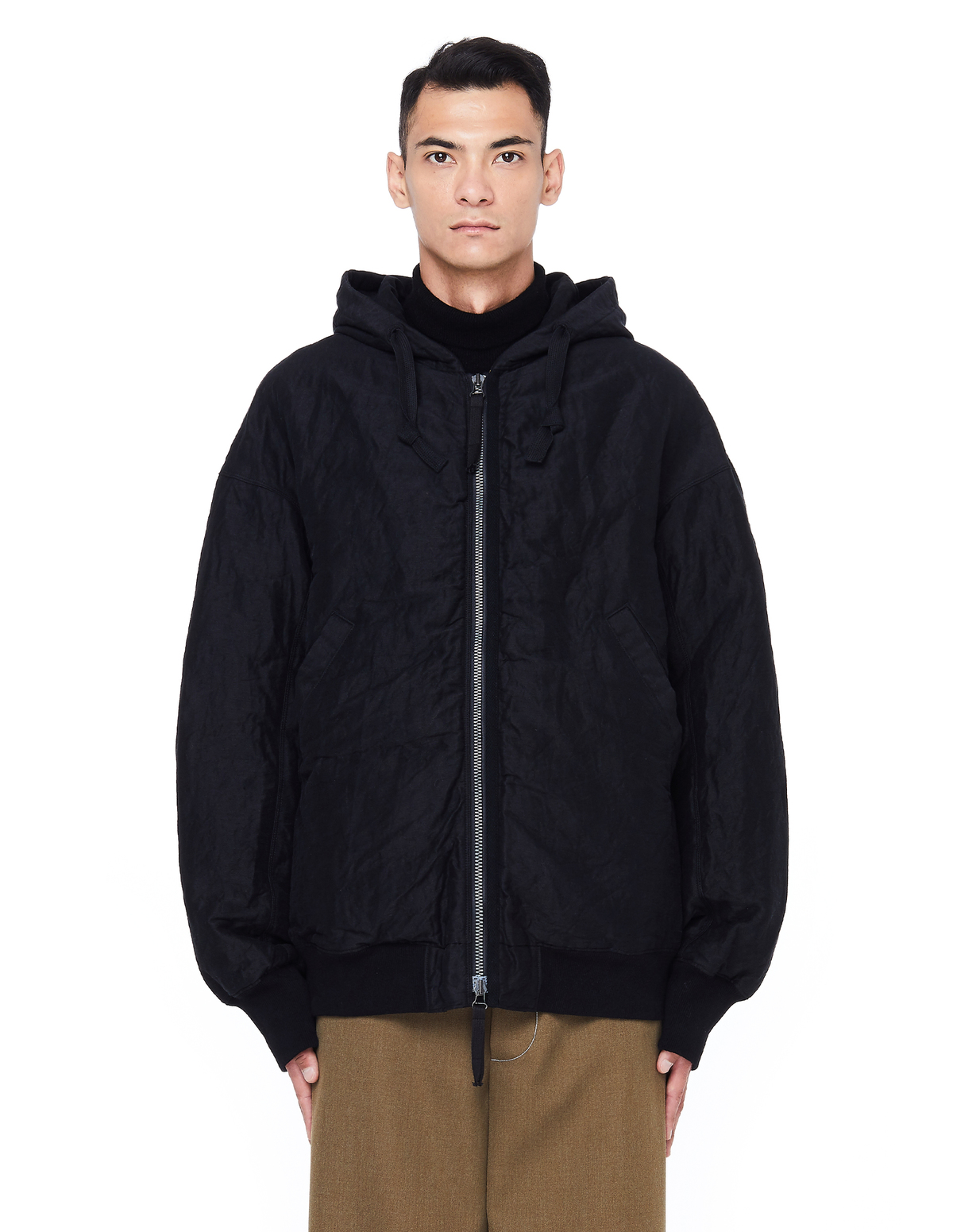 Ziggy Chen Linen Hooded Bomber Jacket - Black | Garmentory