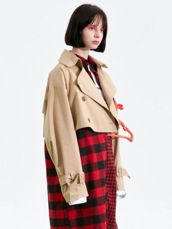 S'MORE Color Block Checkered Trench Coat - Beige/Red | Garmentory