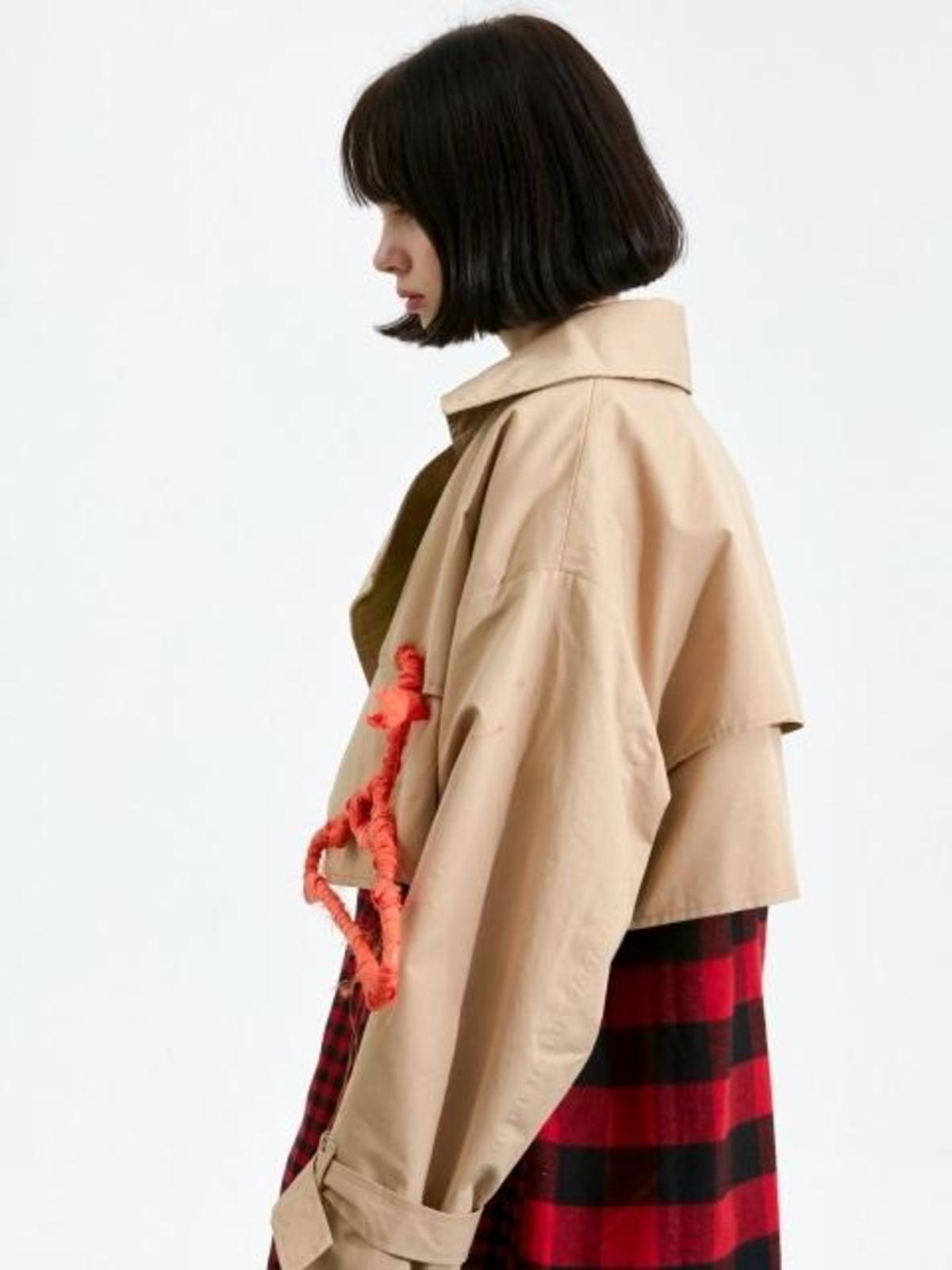 S'MORE Color Block Checkered Trench Coat - Beige/Red | Garmentory