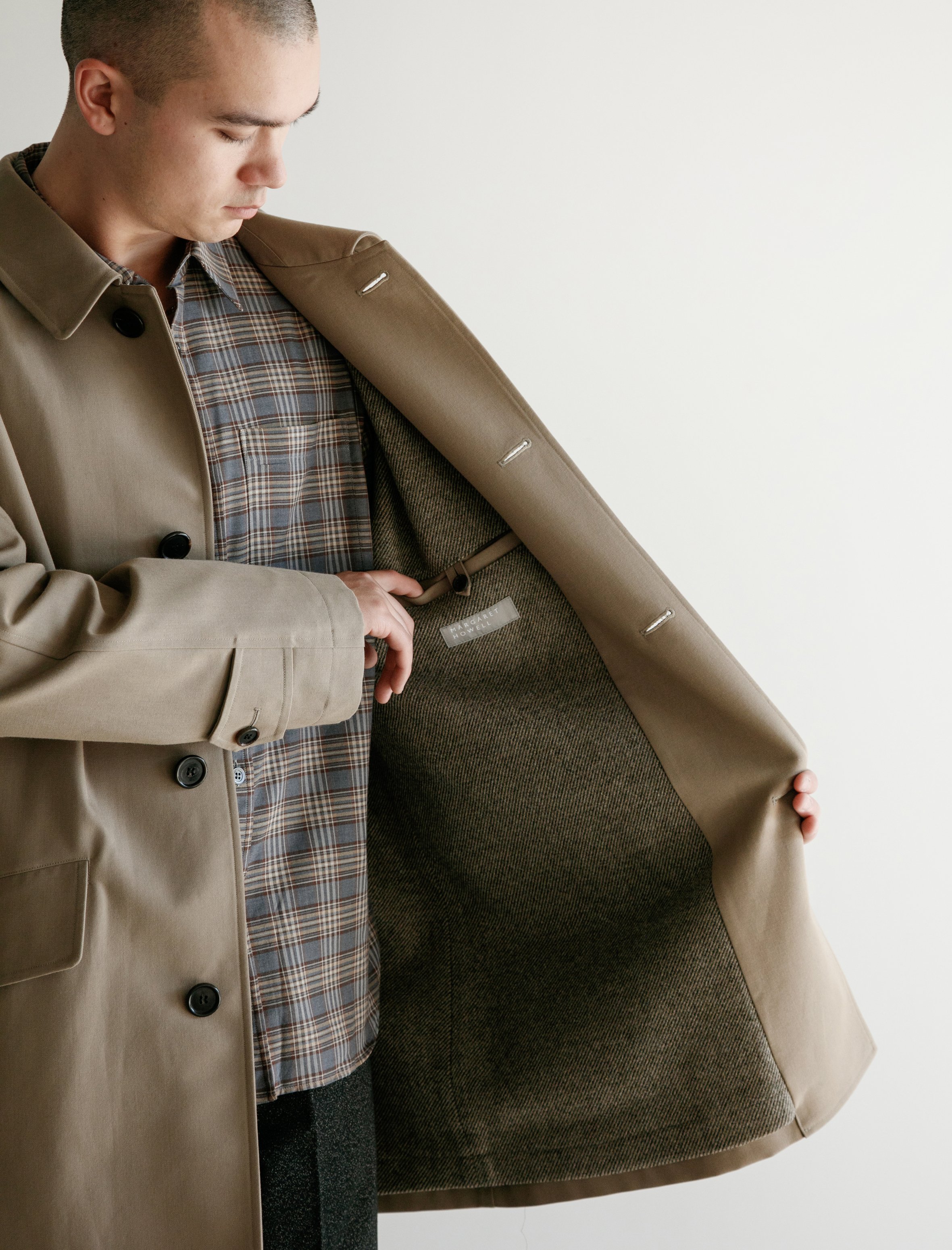 Margaret Howell Short Mac Wool Cotton Gabardine Coat - Sand | Garmentory