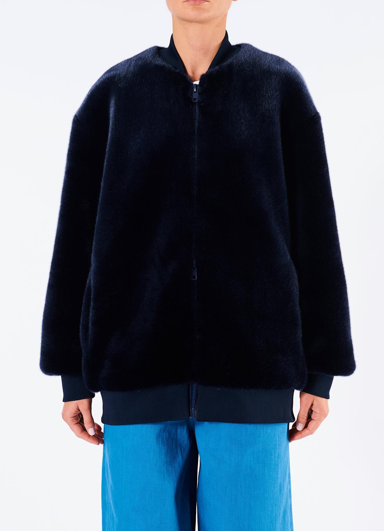 TIBI Faux Fur Zip Up Track Jacket - navy | Garmentory