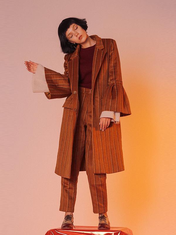 HOWL Bell-shaped Sleeve-striped Woolen Coat - Orange Stripes | Garmentory