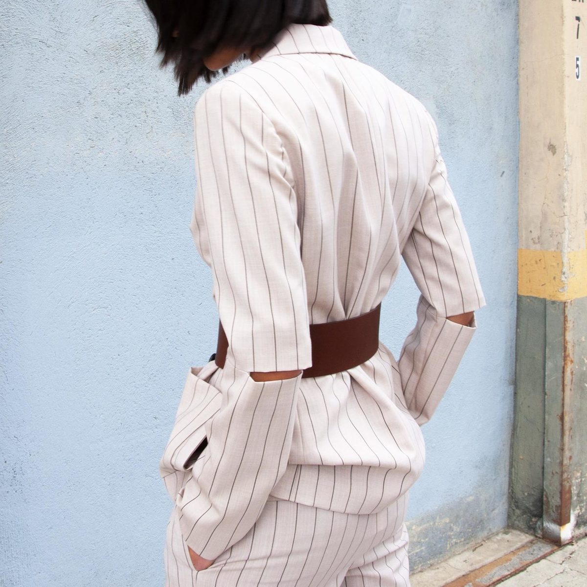 Tibi Tropical Wool Blazer with Sleeve Slit - Hazelwood | Garmentory