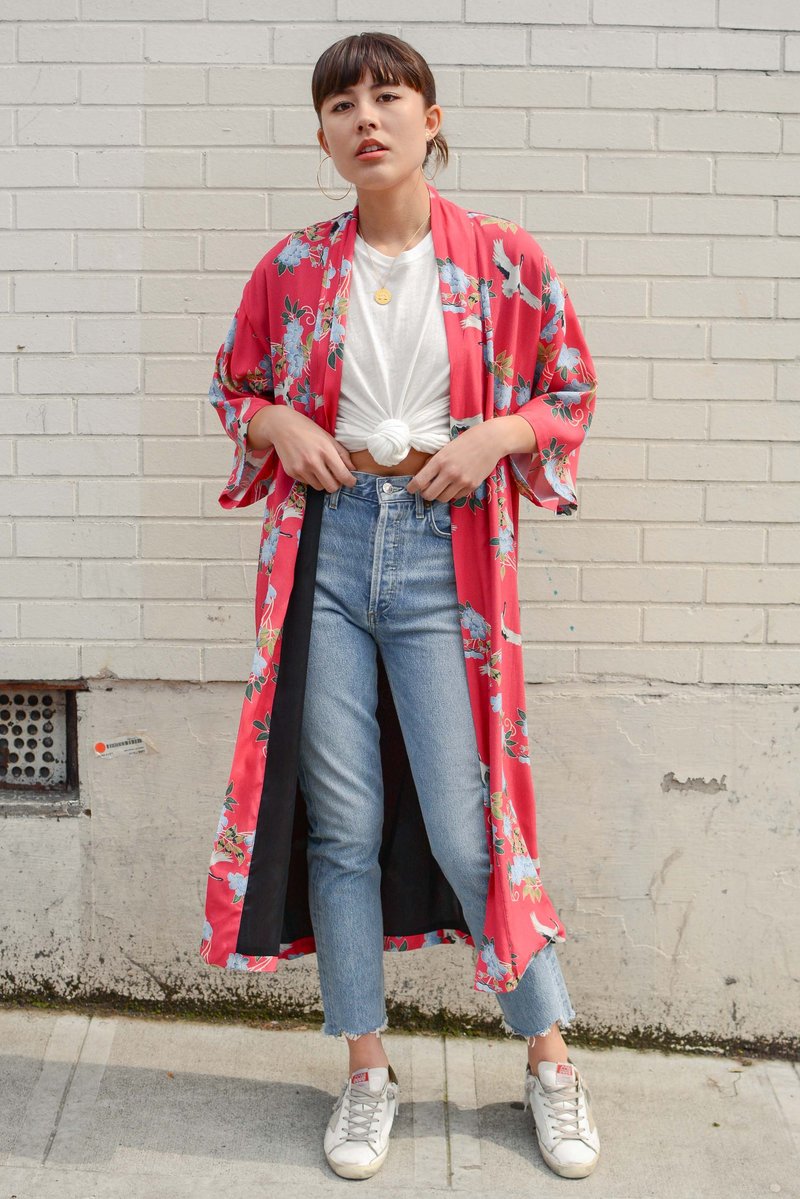 Sway and Cake Long Kumi Kimono Robe - Red Crane | Garmentory
