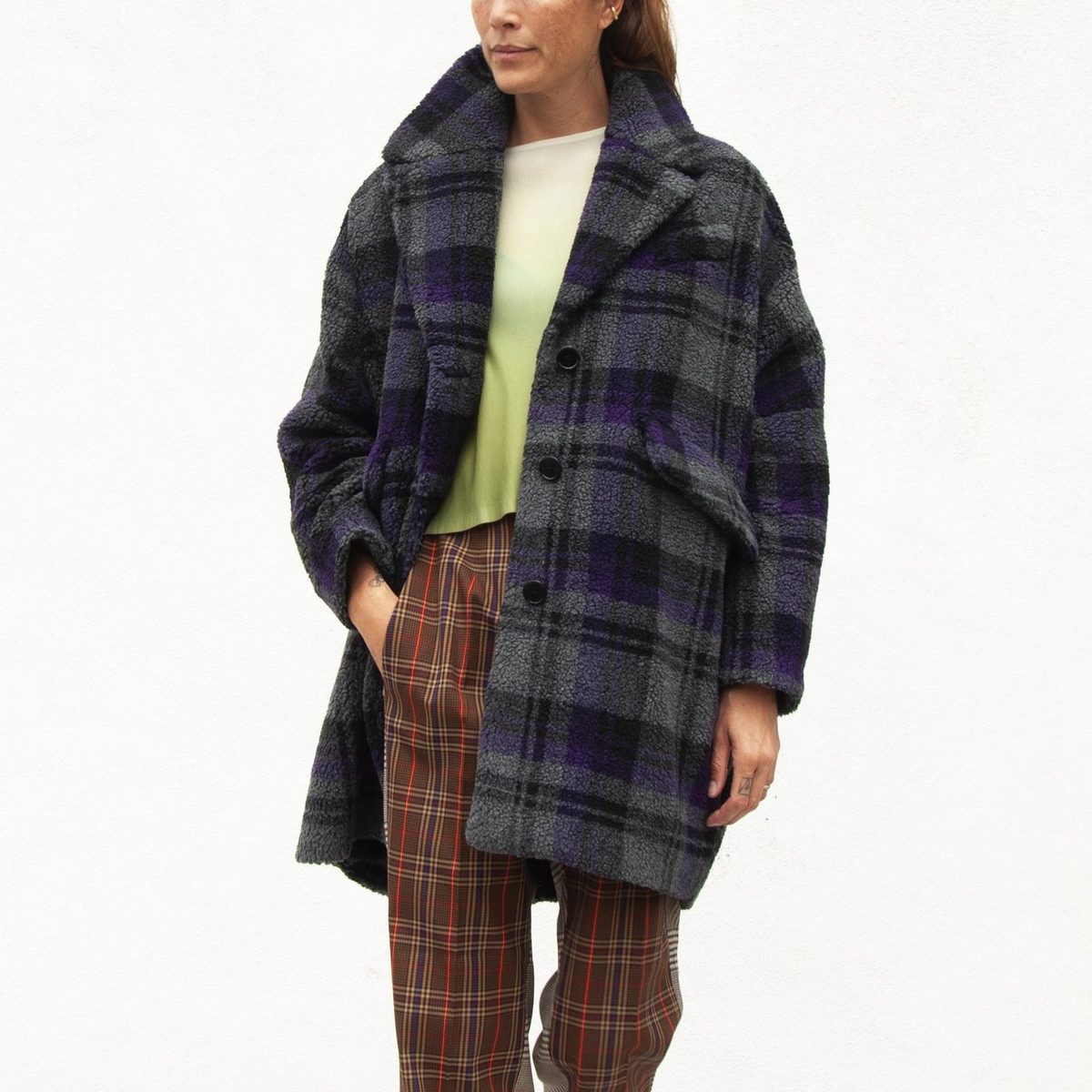 MM6 Shearling Check Midi Coat - purple/grey | Garmentory