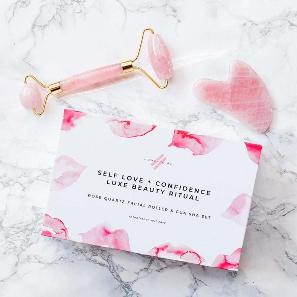 Honey & Be Rose Quartz Roller & Gua Sha Set - Pink | Garmentory