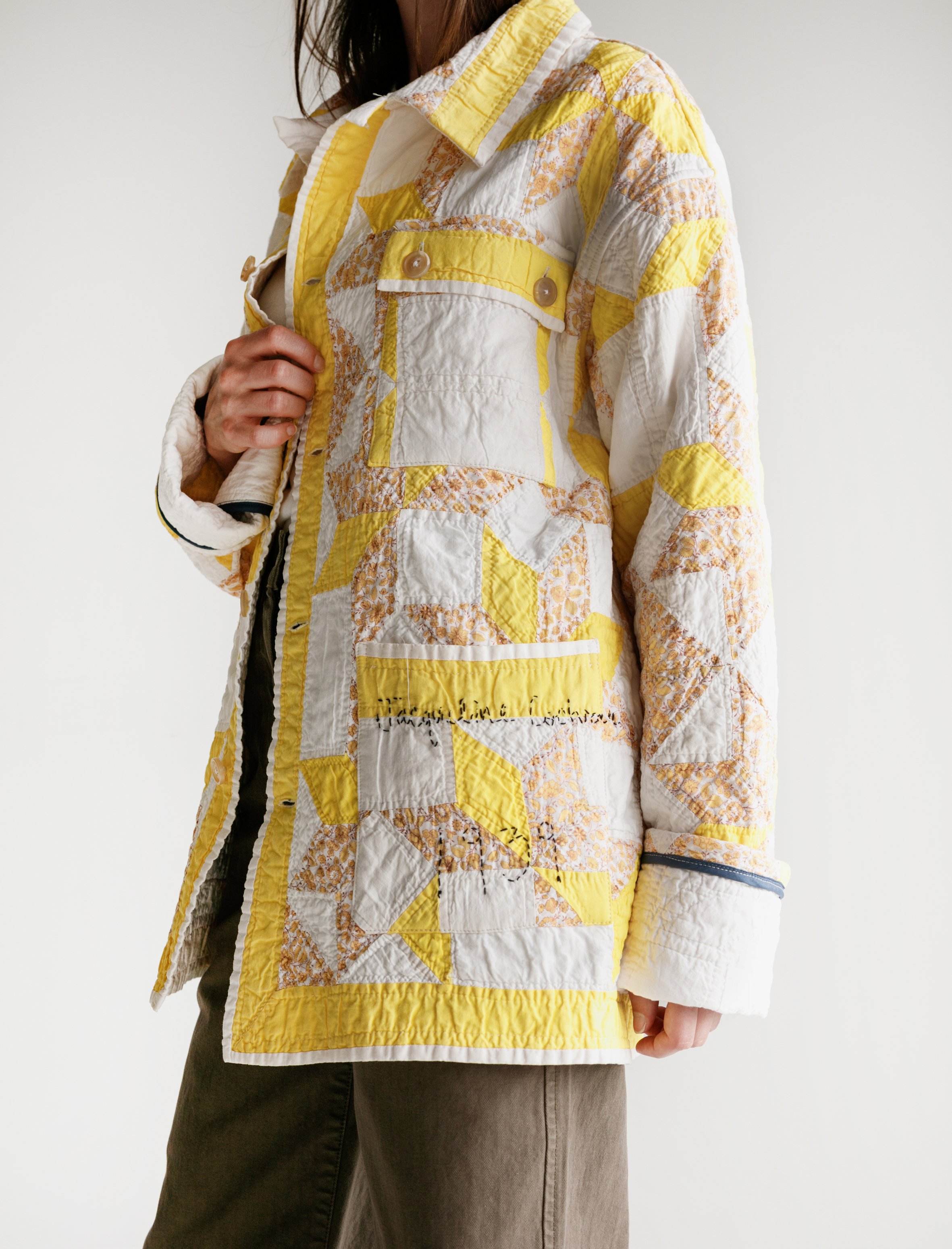 Bode Quilted Workwear Jacket - Yellow Floral | Garmentory