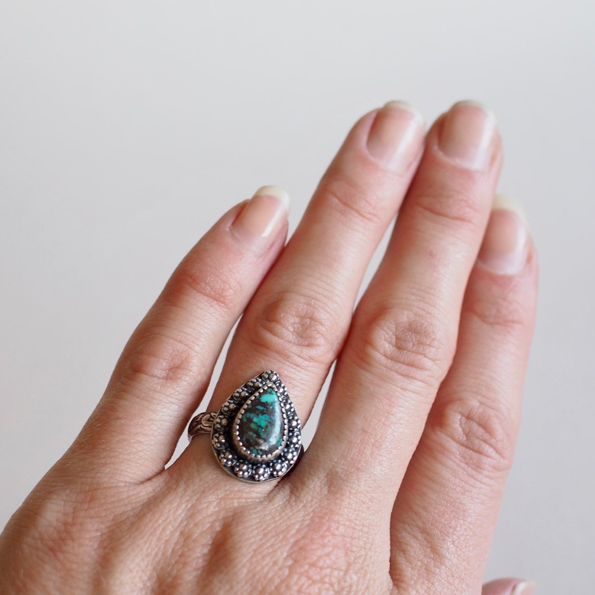 Blue & Blue Turquoise Stacker Ring with Floral Border | Garmentory