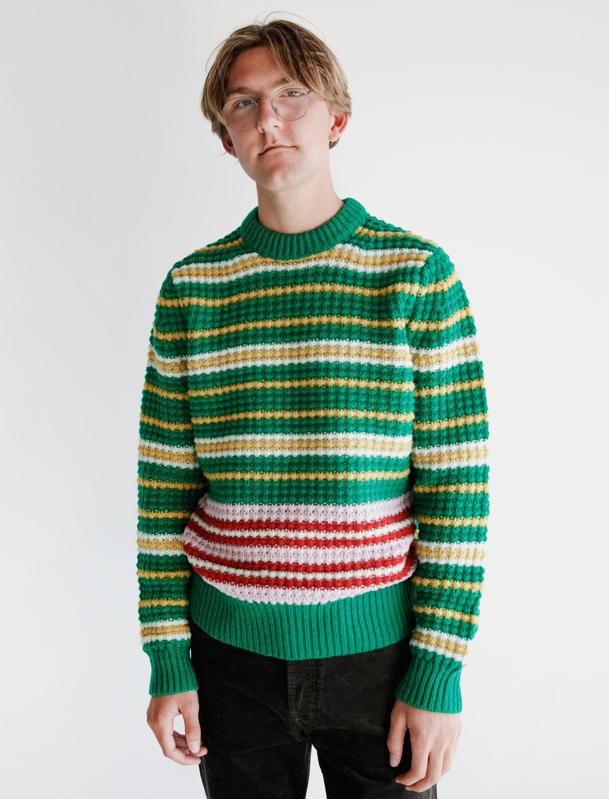 Acne Studios Kai Waffle Stripe Wool Sweater - Green/Pink Multi | Garmentory