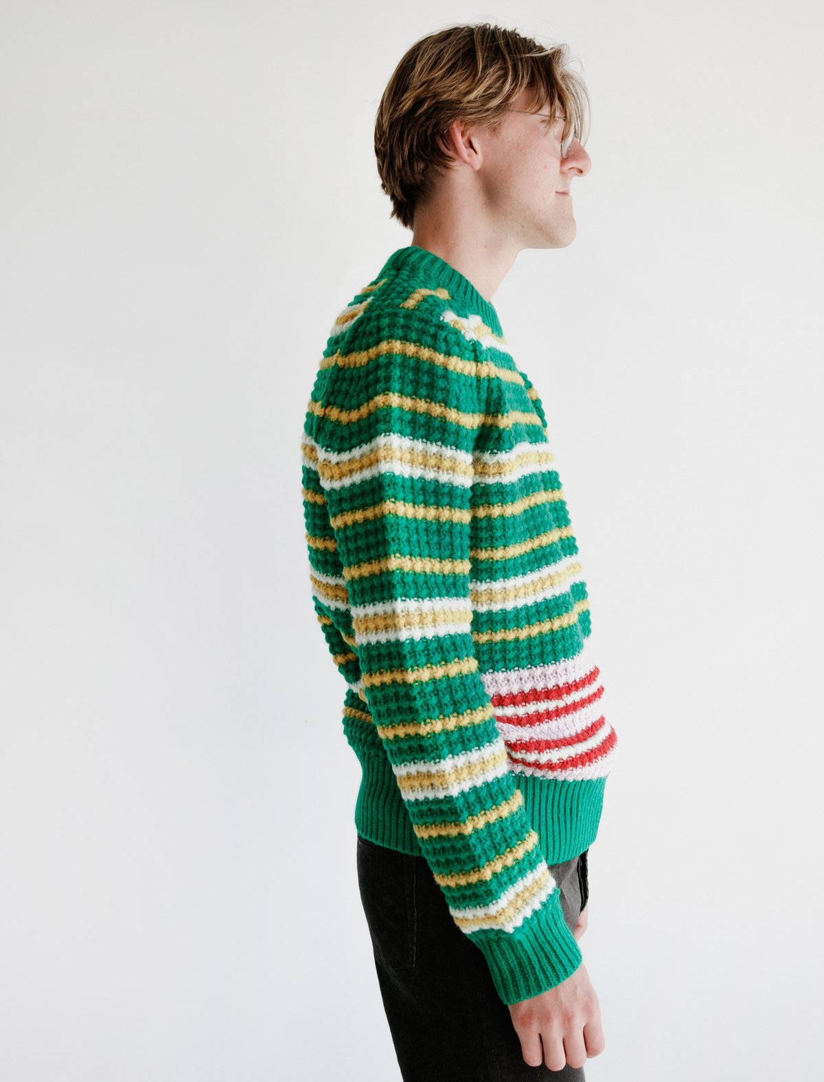 Acne Studios Kai Waffle Stripe Wool Sweater - Green/Pink Multi | Garmentory