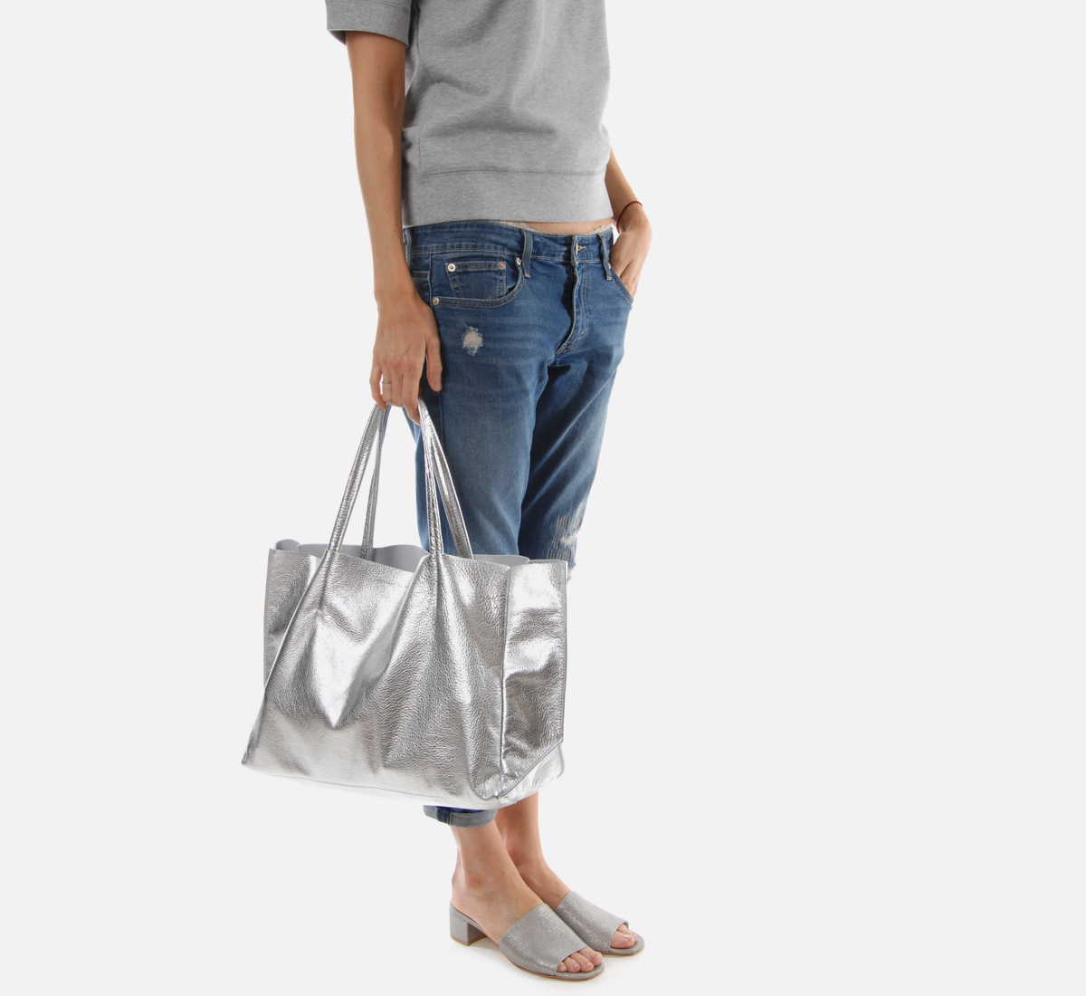 Silver Foil Sideways Tote by Ampersand As Apostrophe | Garmentory