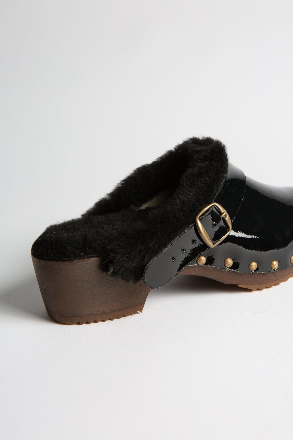Bosabo Sheepskin Lined Patent Leather Clog - Black | Garmentory