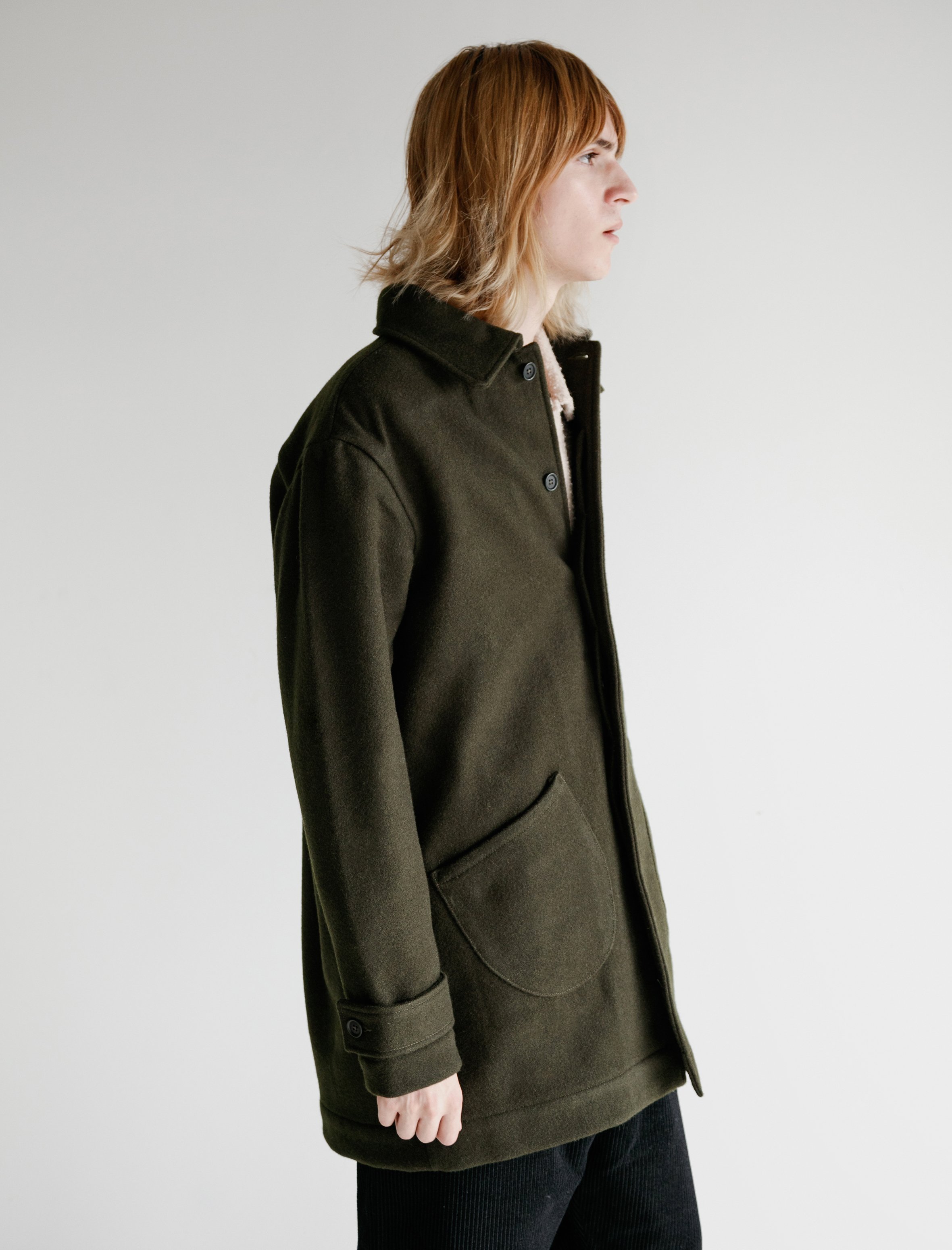 Evan Kinori Melton Wool Covered Placket Coat - Dark Olive | Garmentory