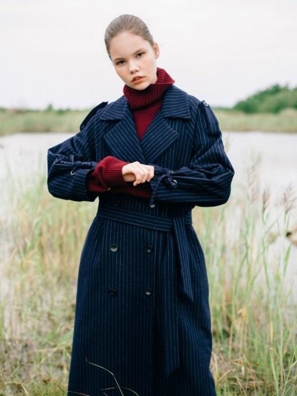 STAN ARD Belted Double Trench Wool Coat - Navy | Garmentory