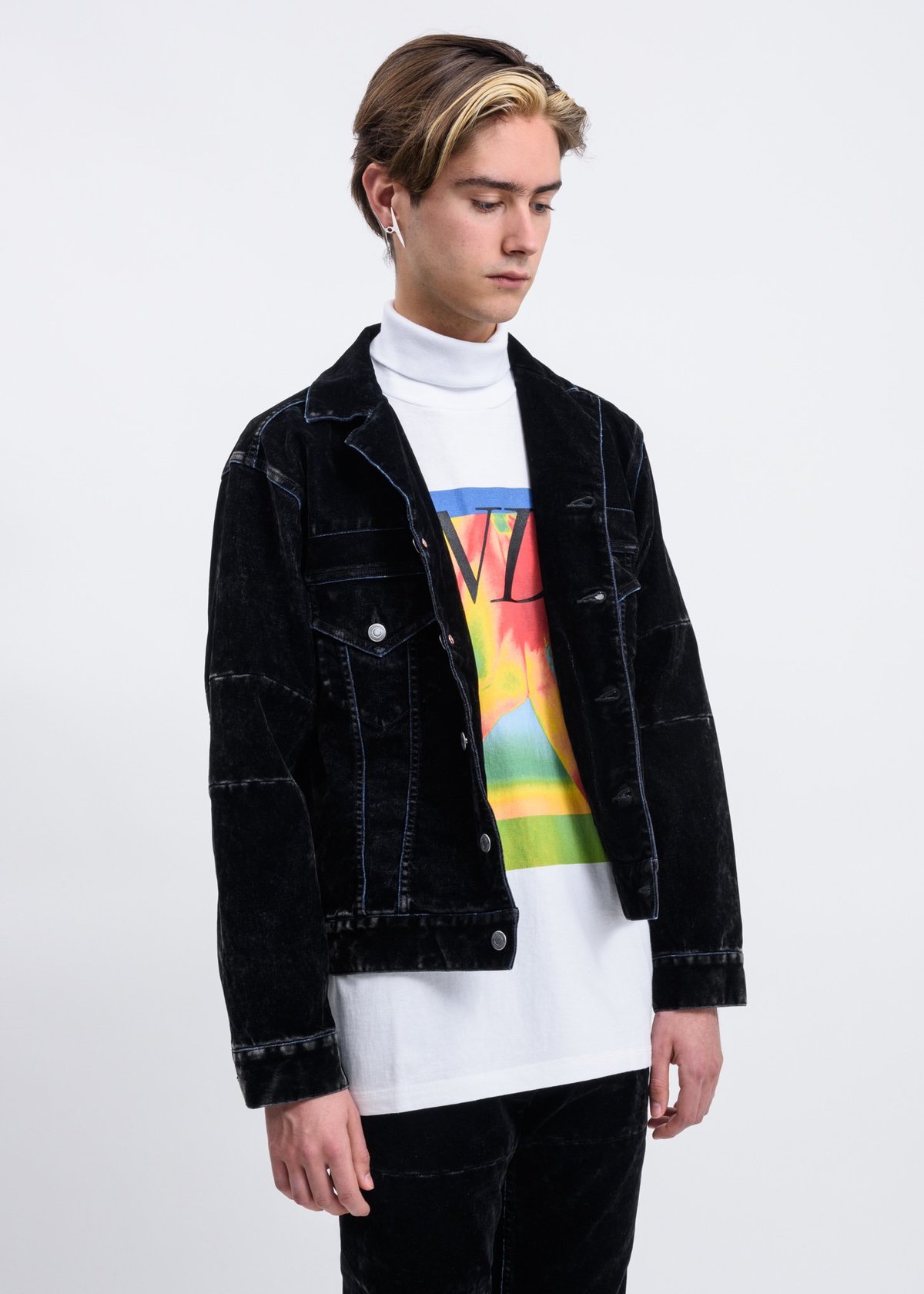 Christian Dada Flock-print Patchwork Denim Jacket - Black | Garmentory