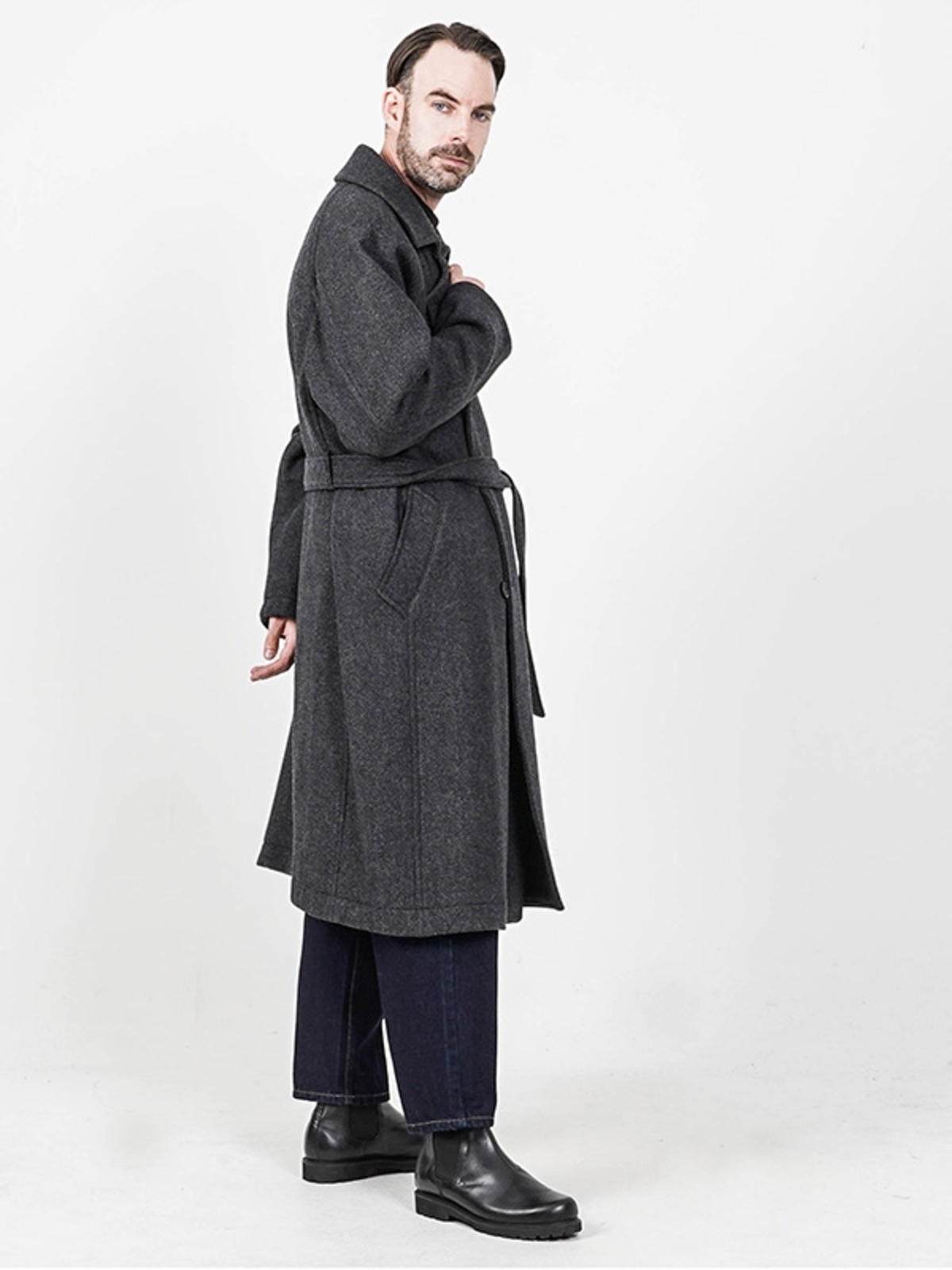 BESLOW STANDARD Oversized Wool Trench Coat - Black Herringbone | Garmentory