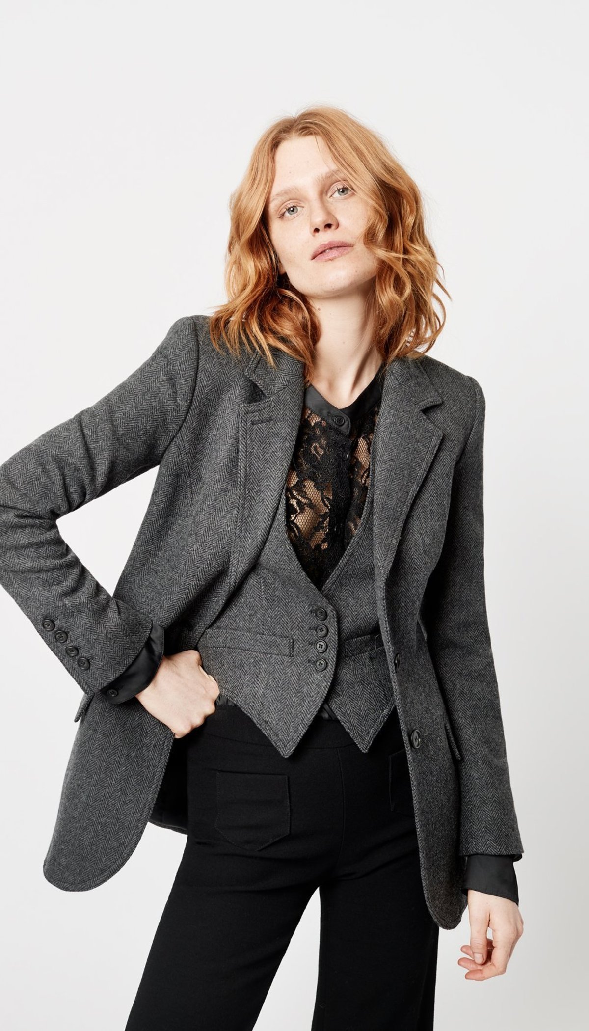 Smythe Three Button Blazer - Charcoal Herringbone | Garmentory