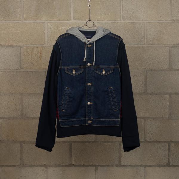 JohnUNDERCOVER Mixed Fabric Denim Jacket with Hood - Indigo | Garmentory