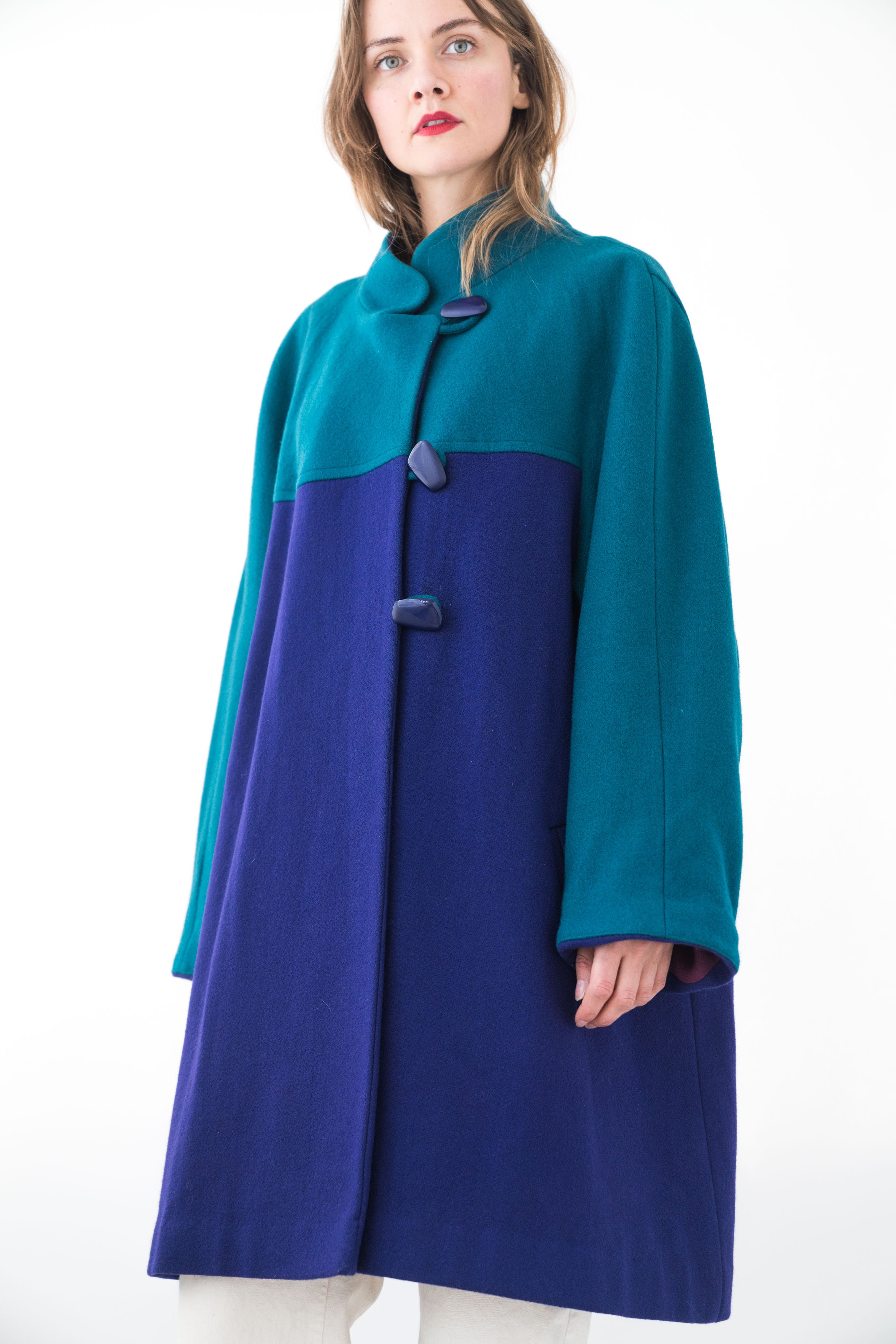 Backtalk PDX Vintage Color Blocking Wool Coat - Purple/Teal | Garmentory