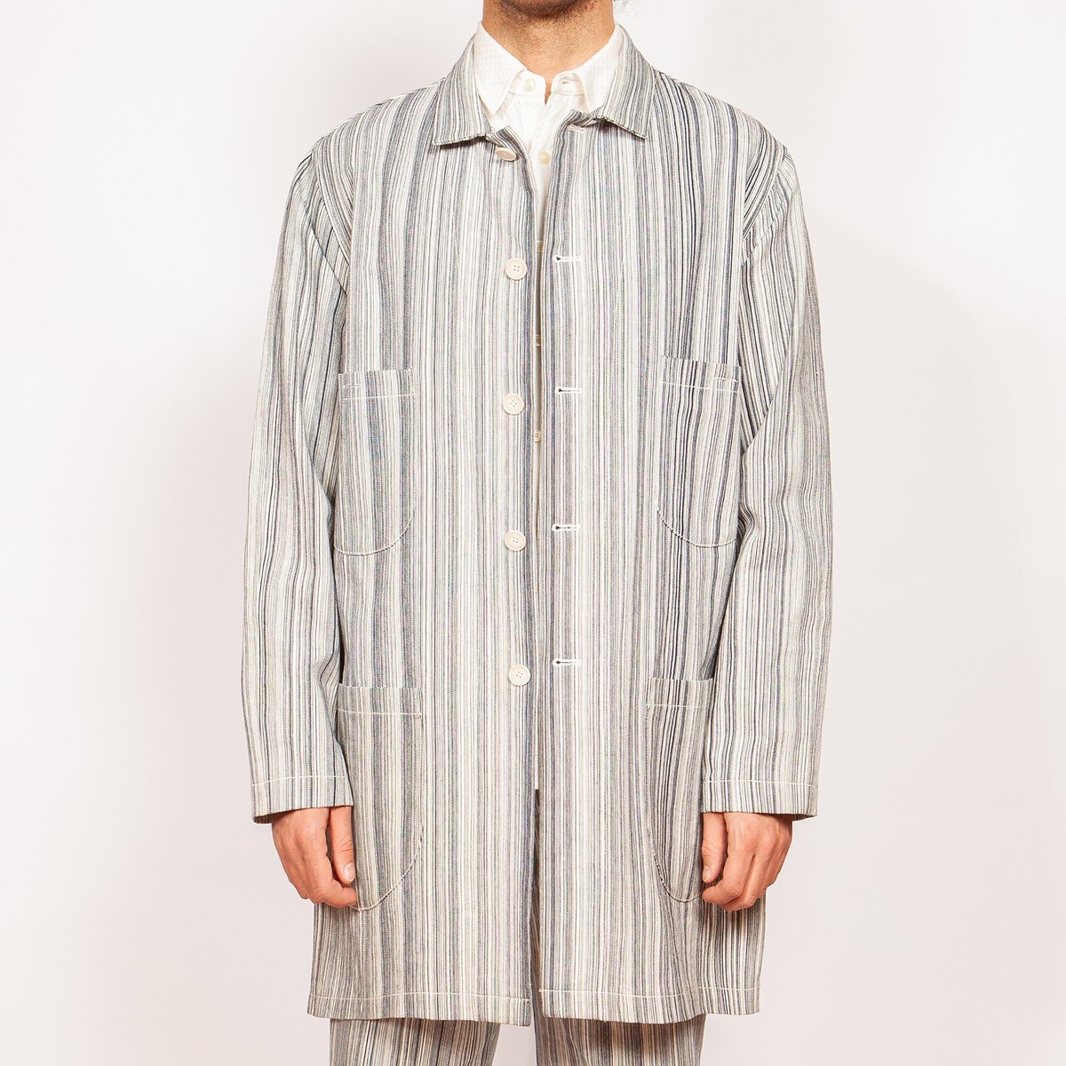 Krammer & Stoudt Chore Coat - White / Blue Mini Pinstripe | Garmentory
