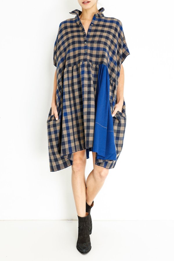 Pero Check Wool Dress - Tan/Blue | Garmentory
