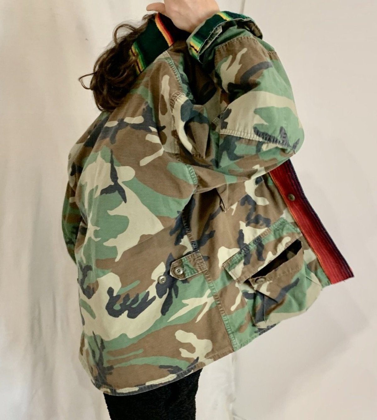 Vintage Up cycled army Jacket with Serape | Garmentory